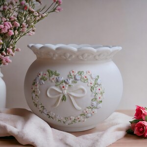 Vintage White Ceramic Cache Pot With Floral Heart Design and Bow Flower ...