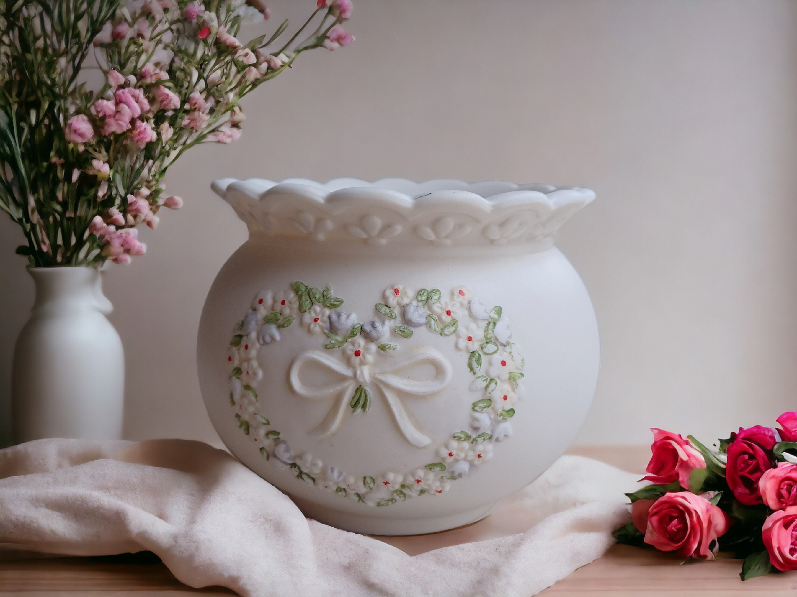 Vintage White Ceramic Cache Pot With Floral Heart Design and Bow Flower ...