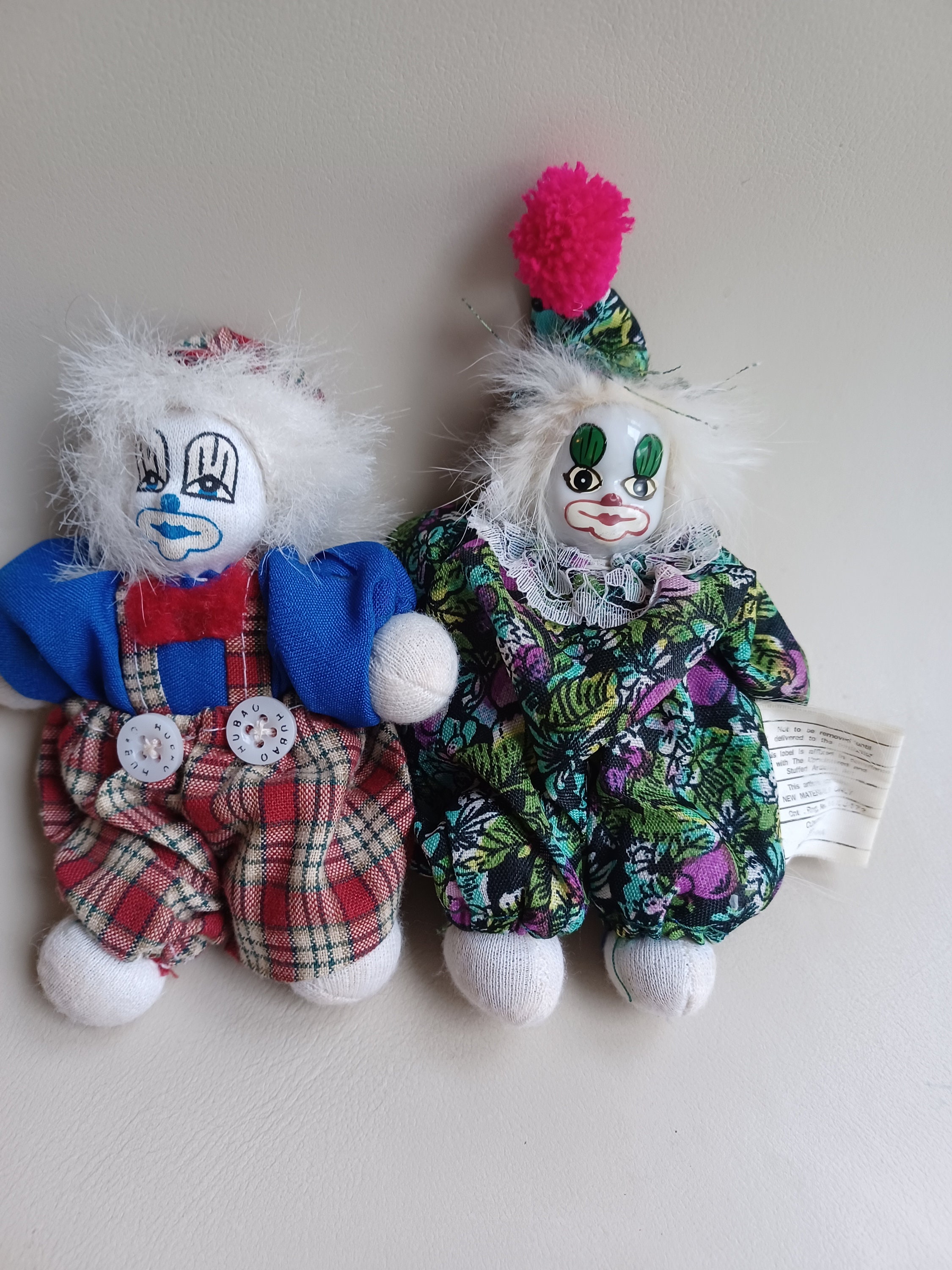 Vintage Clown Dolls Porcelain Heads Fabric Beanbag Bodies Set Of 2 1990s Collectible Dolls Etsy