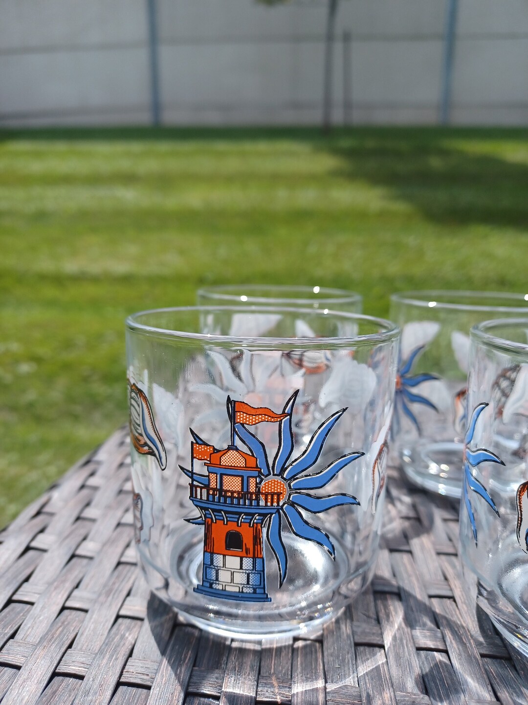 Vintage KIG Nautical Glass Pitcher and 4 Matching Lighthouse/seashell ...