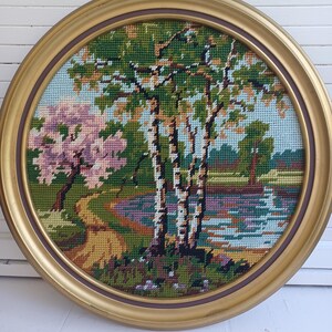 Vintage Round Needlepoint Nature Scene in Round Gold Frame Wall Decor ...