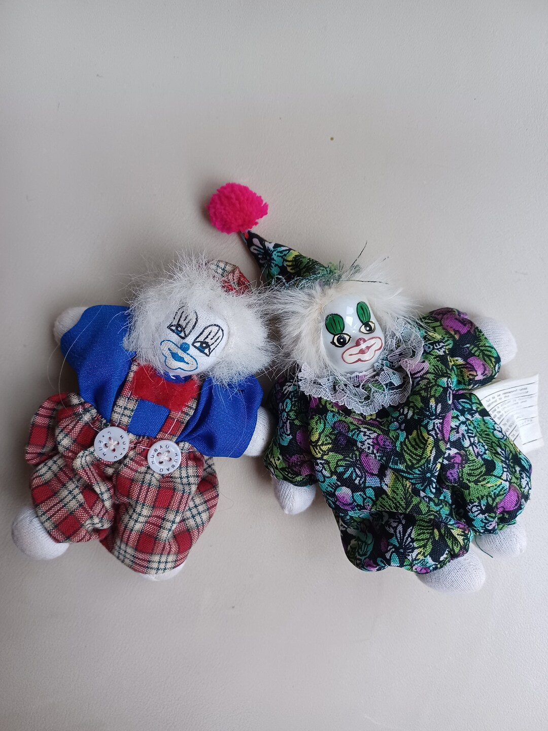 Vintage Clown Dolls Porcelain Heads Fabric Beanbag Bodies Set Of 2 1990s Collectible Dolls Etsy