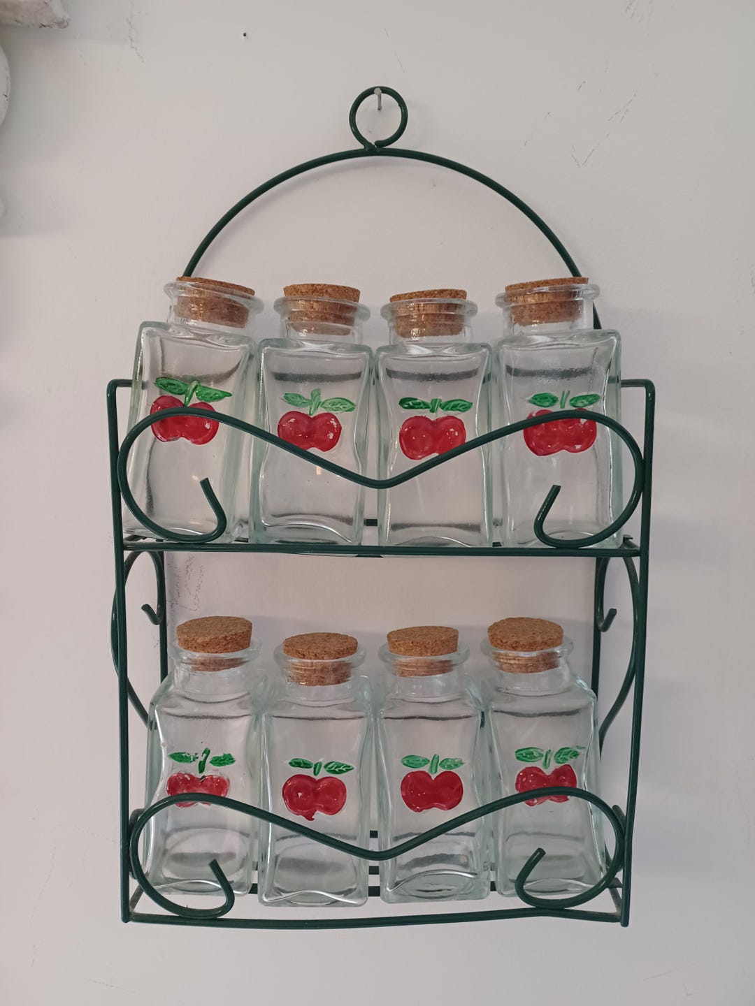 Vintage Green Metal Spice Rack With Eight Thick Glass Spice Bottles ...