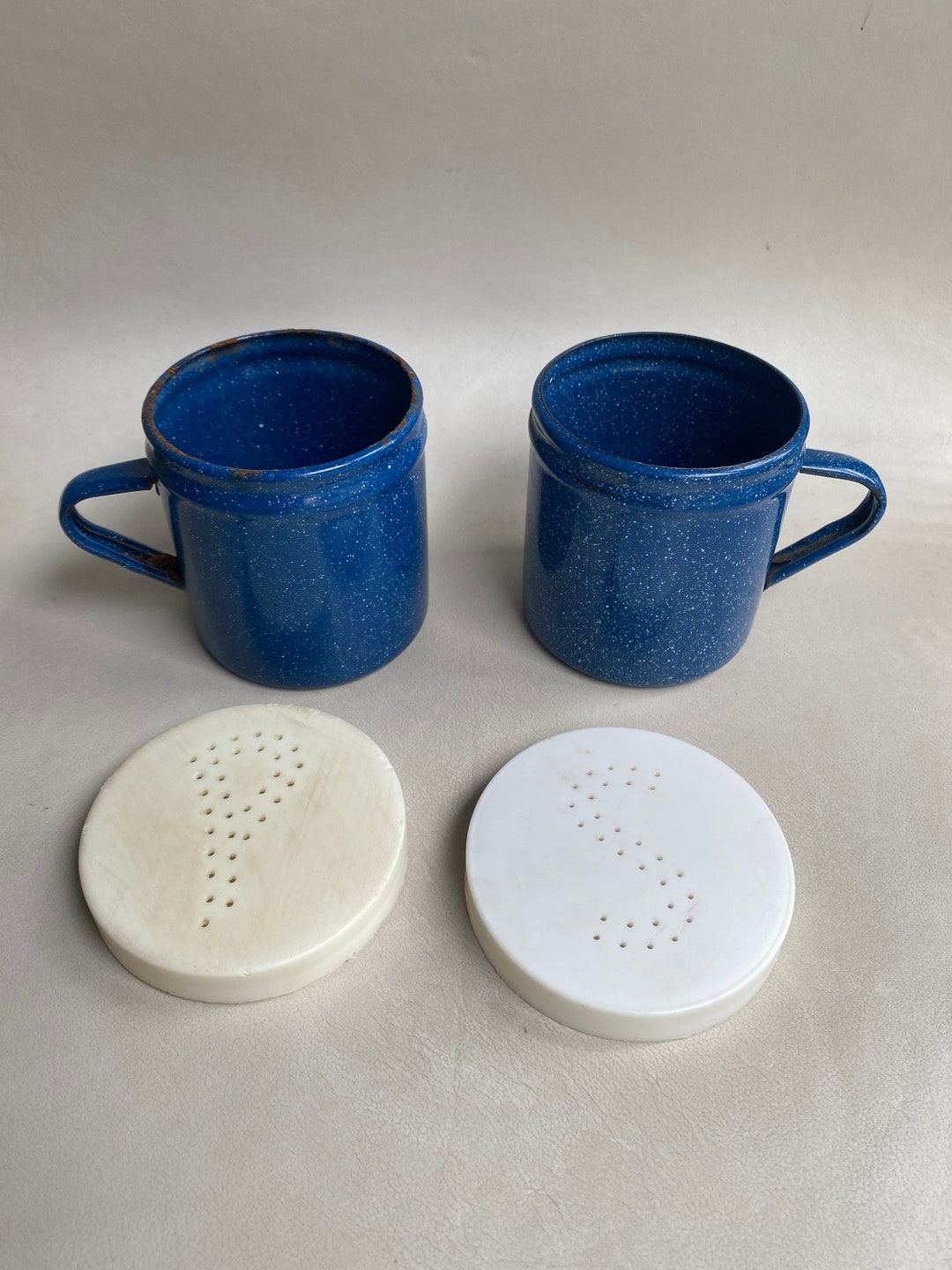 Vintage Blue Enamelware Salt and Pepper Cups - Etsy