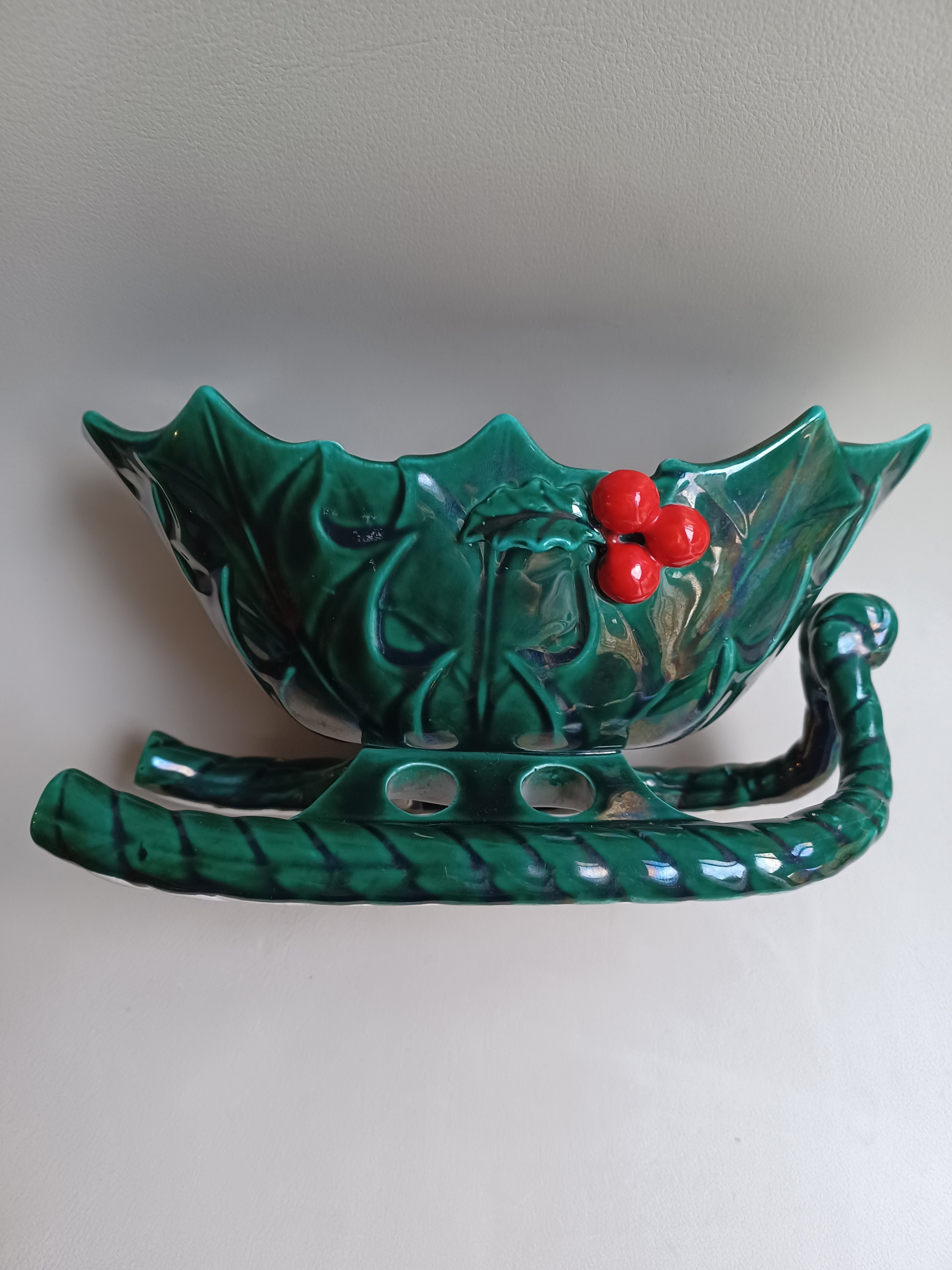 Vintage Lefton Green Ceramic Santa Sleigh With Holly and Berries ...