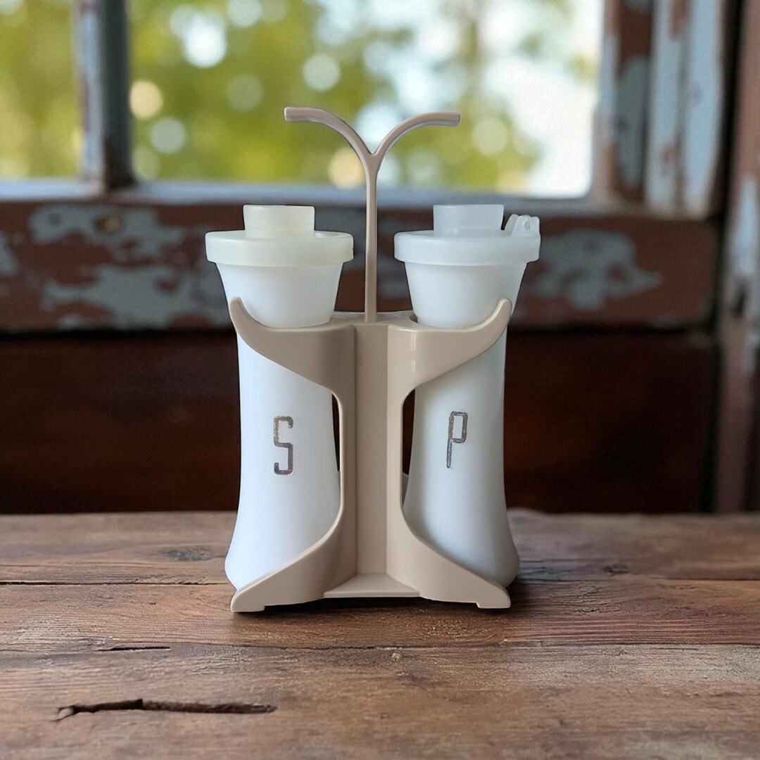 Vintage Tupperware Mini Atomic Salt and Pepper Shakers With Caddy MCM ...