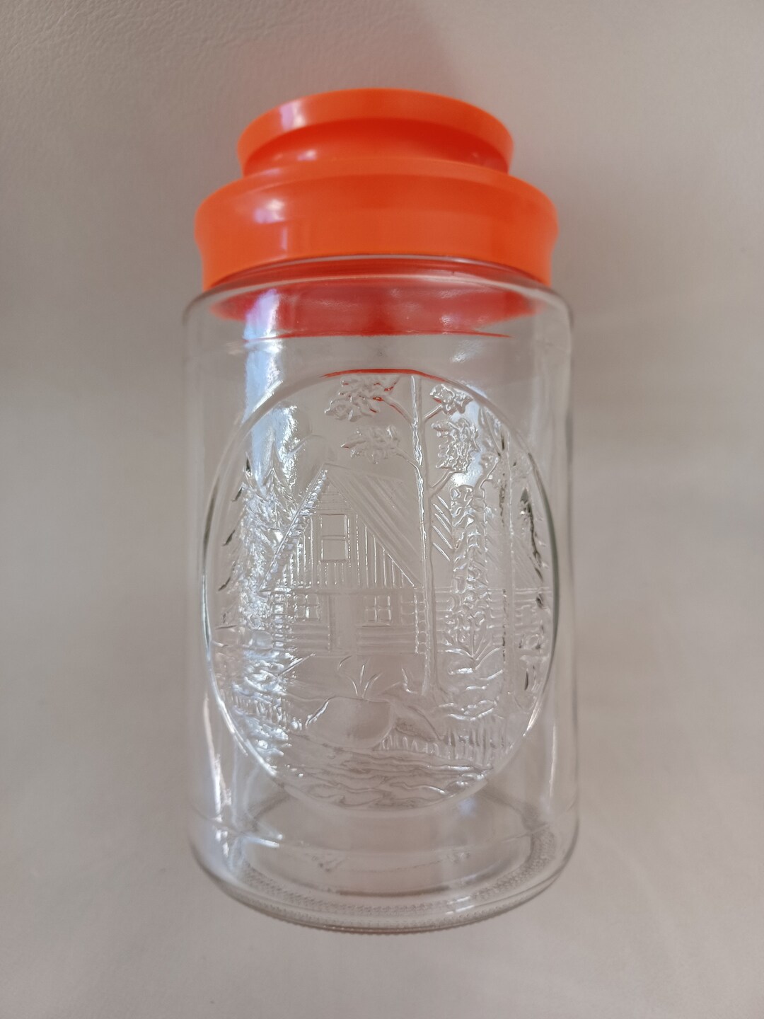 Vintage Anchor Hocking TANG Glass Jar With Orange Lid and Etched ...
