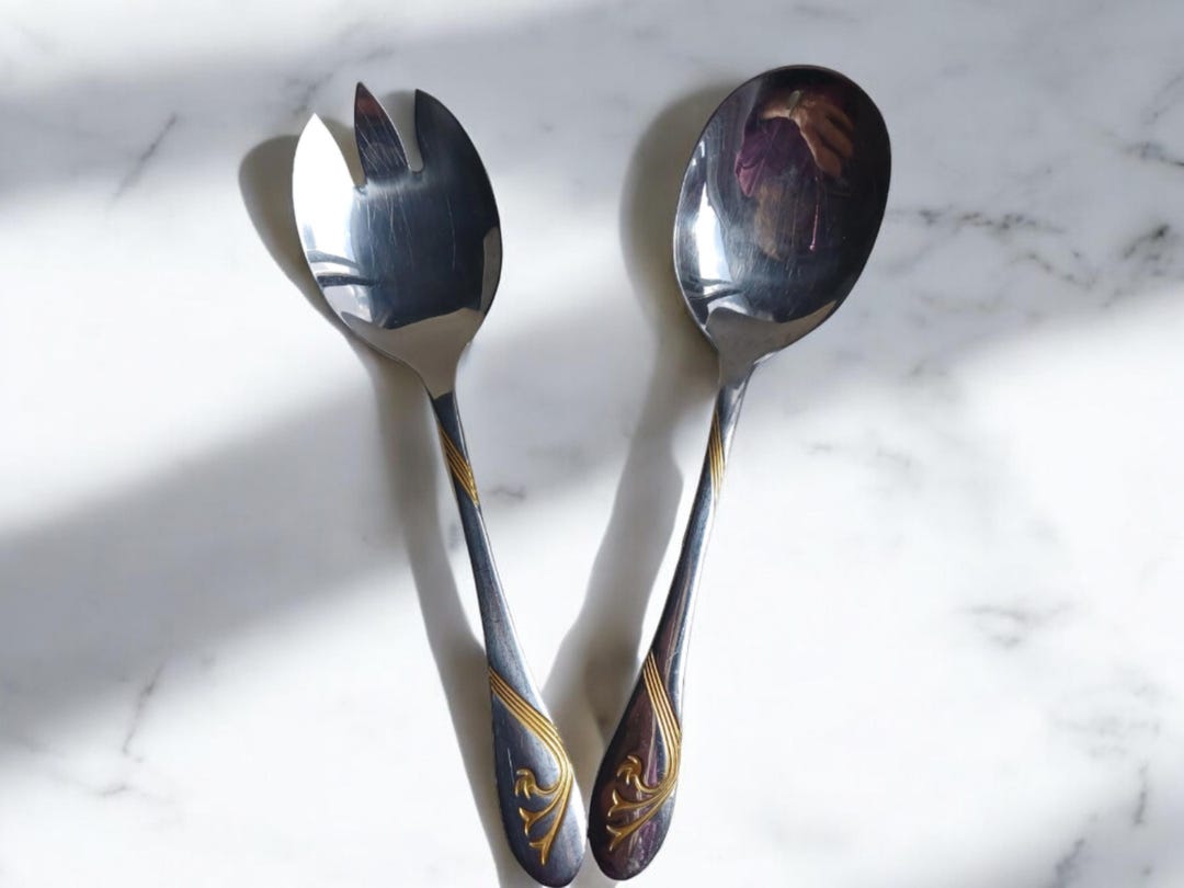 Vintage Set of 2 Stainless Steel Salad Serving Utensils - Spoon and ...