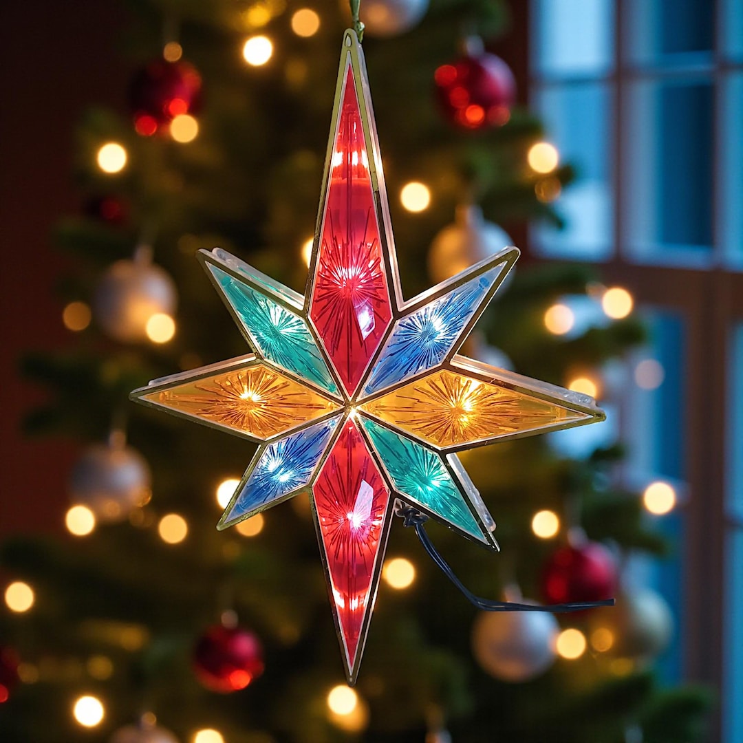 Vintage Christmas Star Tree Topper Stained Glass 8 Point Star Seasonal ...