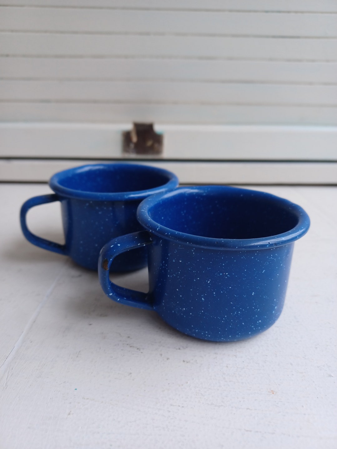 Vintage Blue Speckled Enamelware Small Cups Set of 2 Country Kitchen ...
