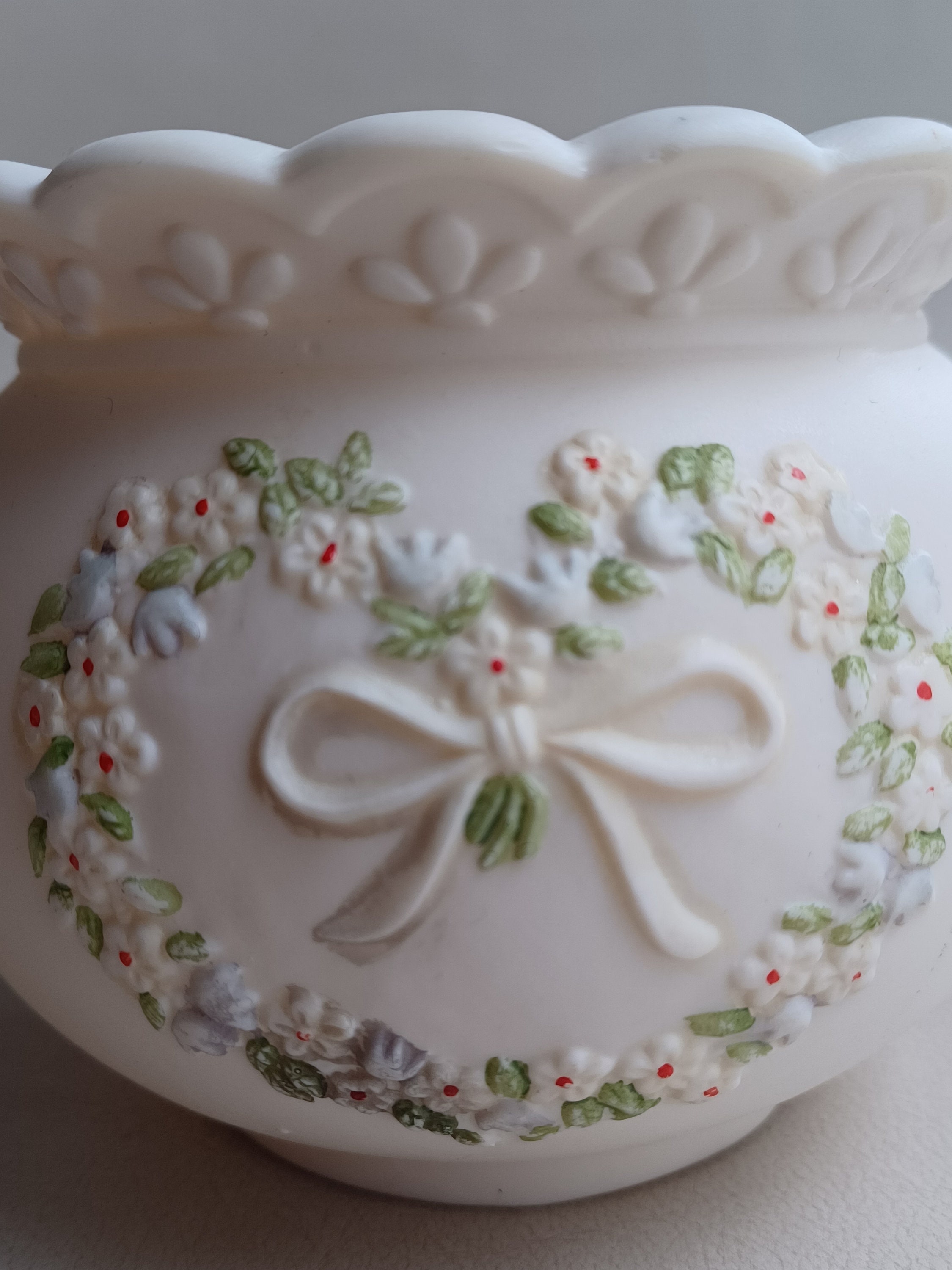 Vintage White Ceramic Cache Pot With Floral Heart Design and Bow Flower ...