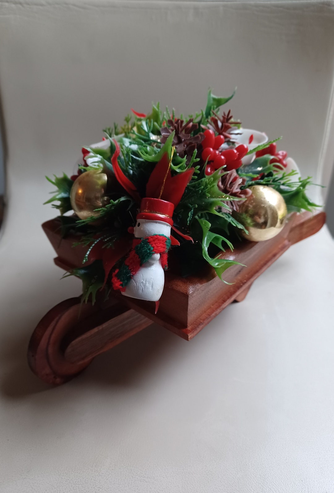 Vintage MCM Christmas Decor Wooden Wheelbarrow Holiday Festive Greenery ...