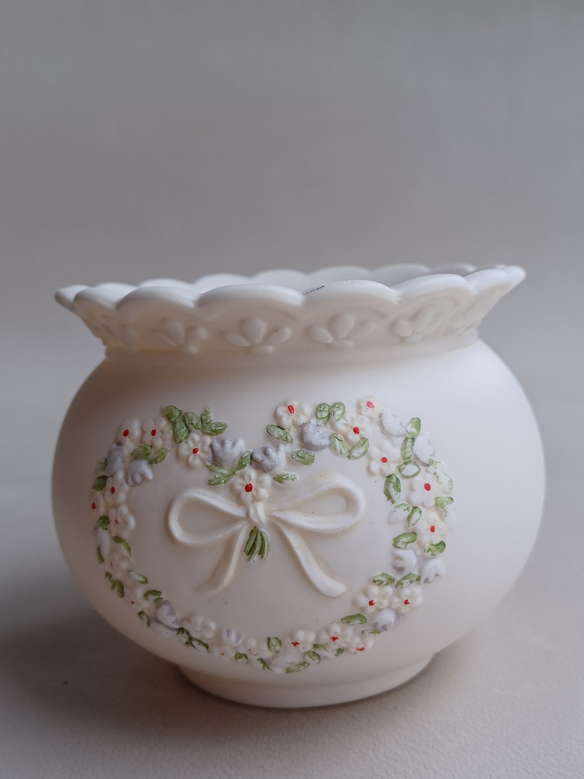 Vintage White Ceramic Cache Pot With Floral Heart Design and Bow Flower ...