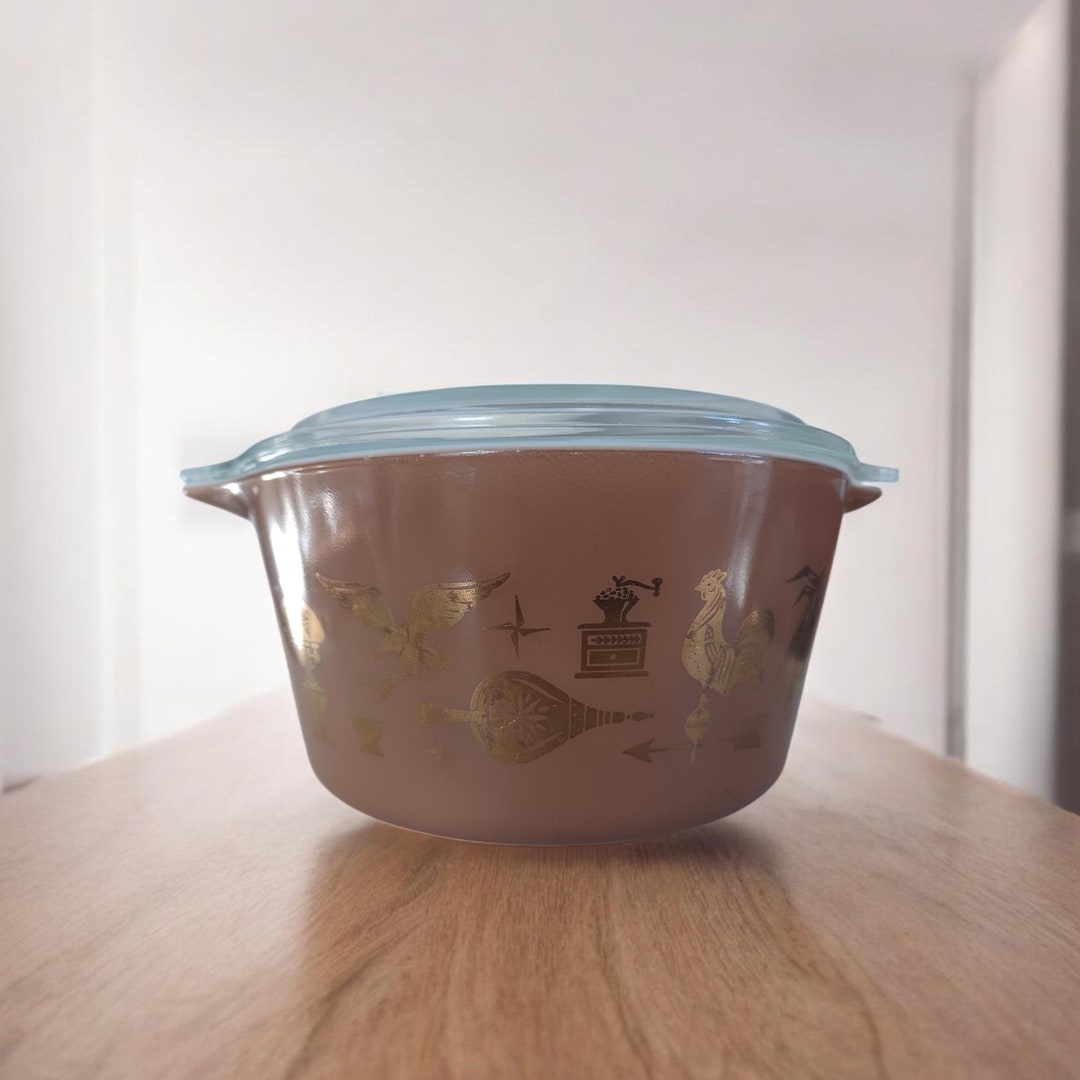 Vintage Pyrex Casserole: Brown With Gold Accents, Cinderella Handles, 1 ...