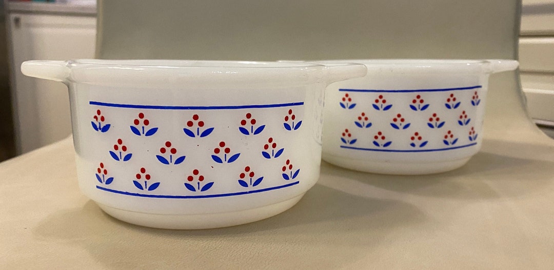 Vintage Milk Glass Pyr-o-rey Dynaware Mini Casserole Dishes With Blue and Red Floral Pattern ...