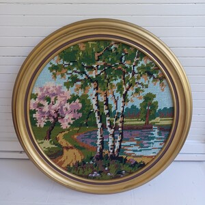 Vintage Round Needlepoint Nature Scene in Round Gold Frame Wall Decor ...