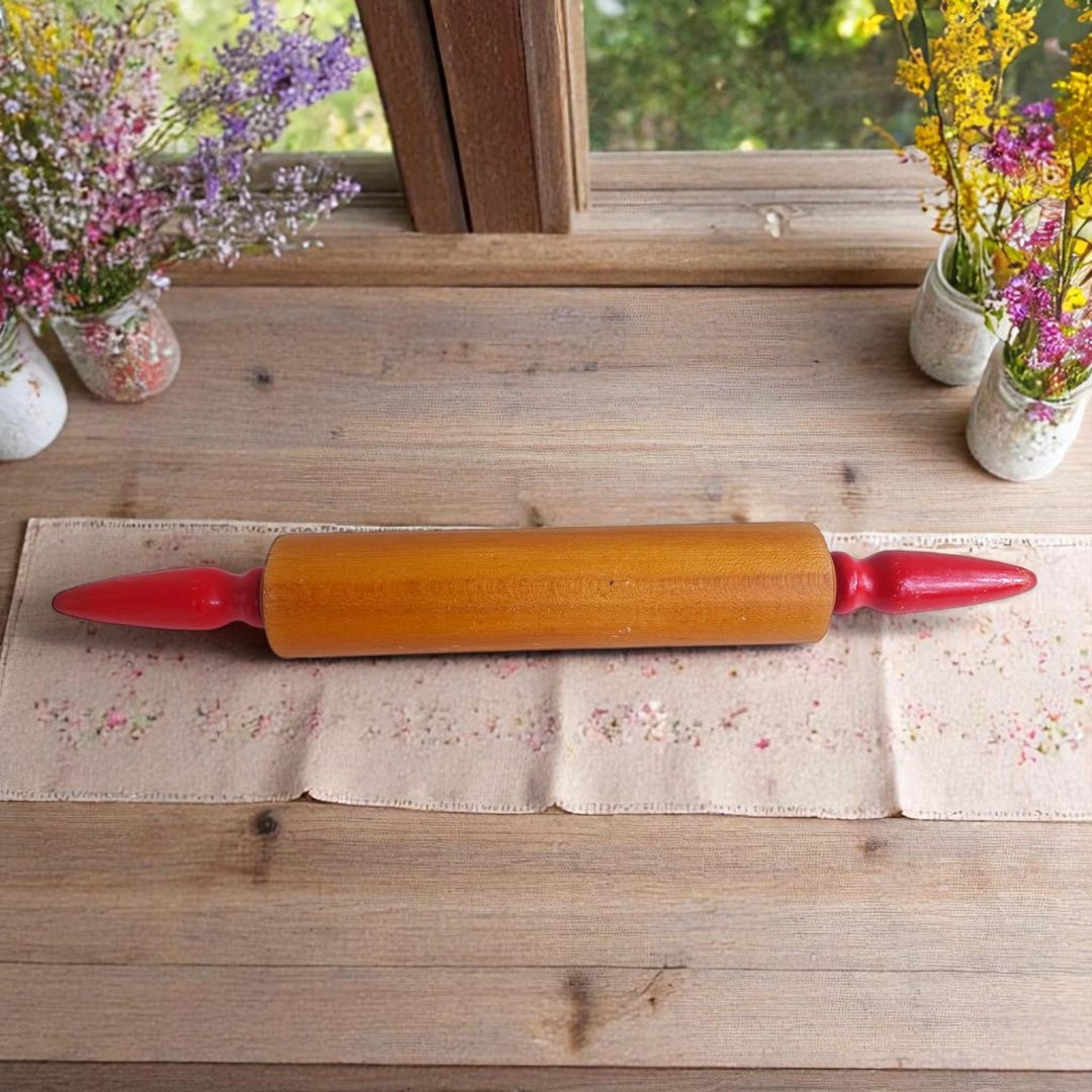 Vintage Wooden Rolling Pin – Red Handles, Farmhouse Kitchen Decor - Etsy