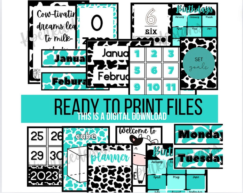 Teal Cow Print Classroom Decor Bundle: Editable Files (digital Download ...