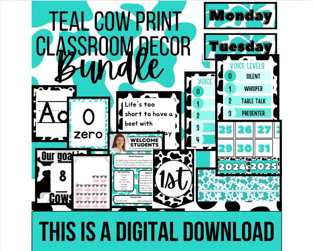 Teal Cow Print Classroom Decor Bundle: Editable Files (digital Download ...