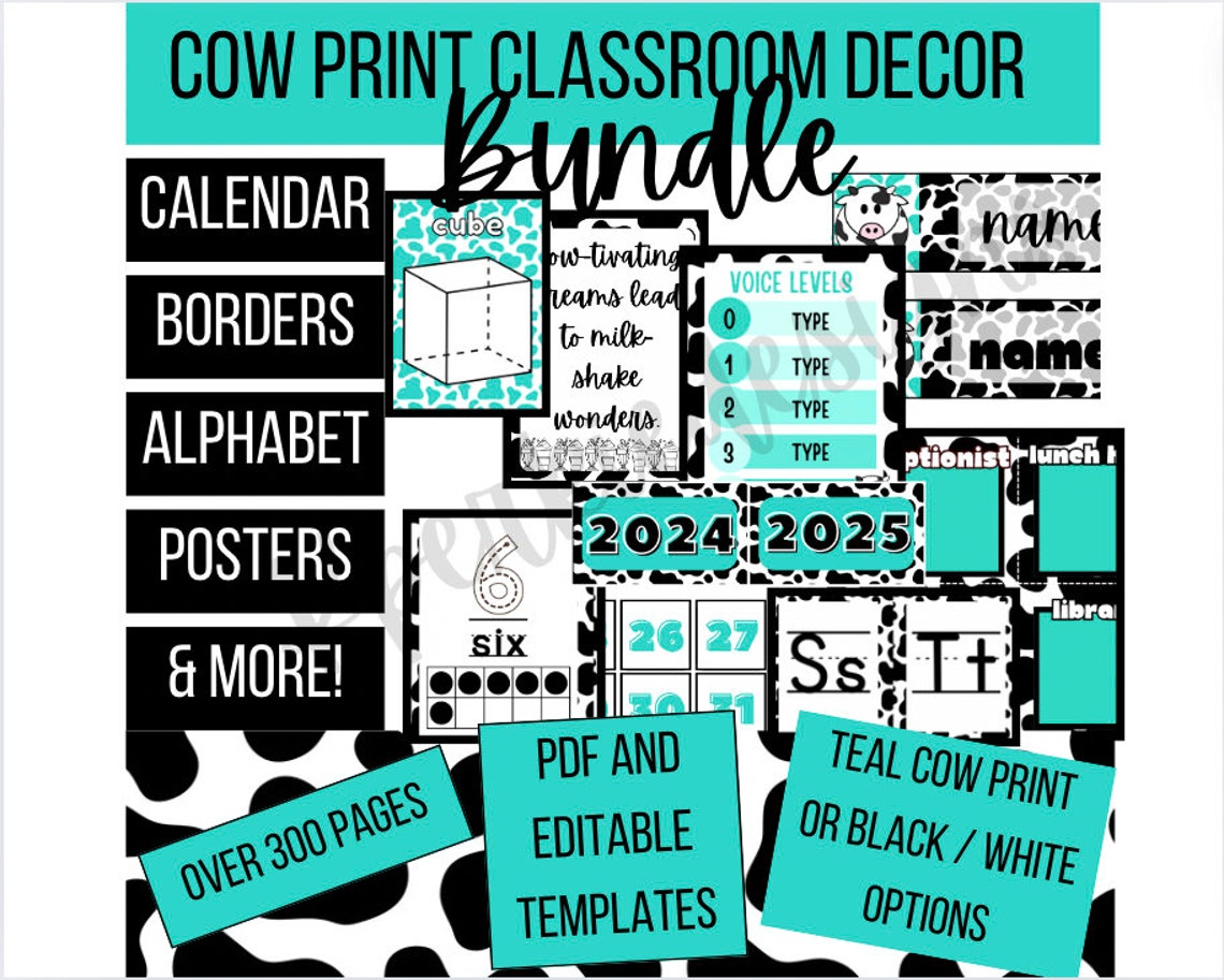 Teal Cow Print Classroom Decor Bundle: Editable Files (digital Download ...