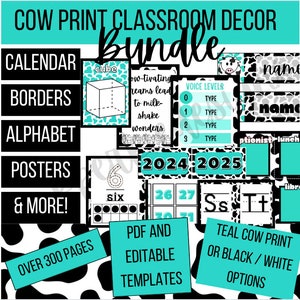 Teal Cow Print Classroom Decor Bundle: Editable Files (digital Download ...