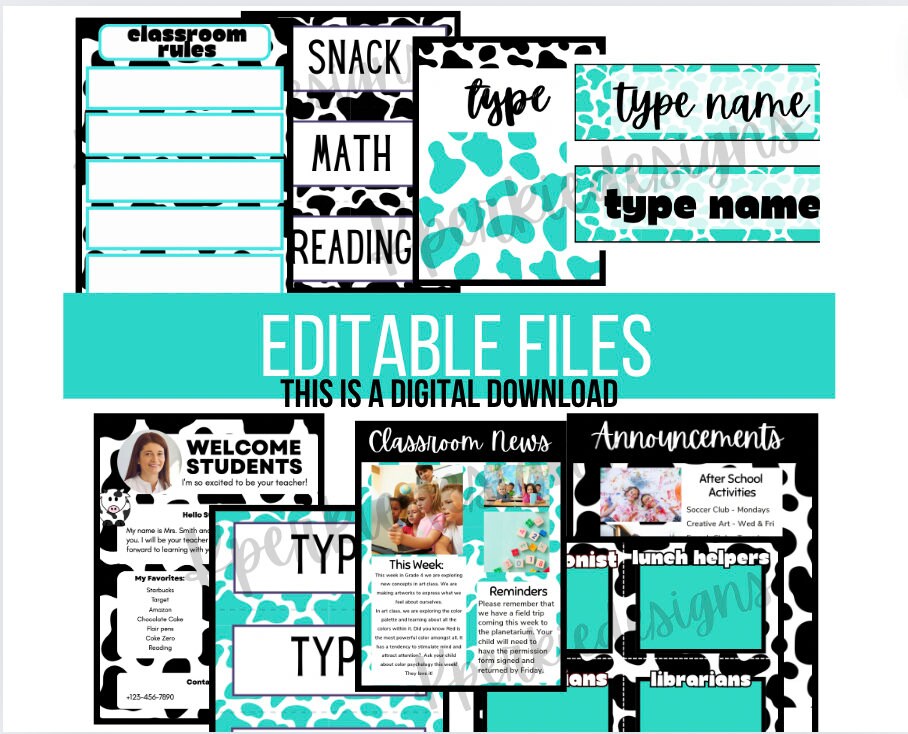Teal Cow Print Classroom Decor Bundle: Editable Files (digital Download ...