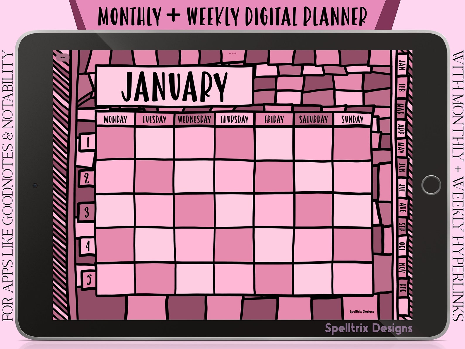 Coral Digital Planner Weekly & Monthly Undated Hand Drawn Pink Red ...