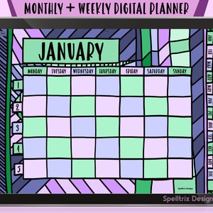 Study Digital Planner Weekly & Monthly Undated Hand Drawn Purple ...