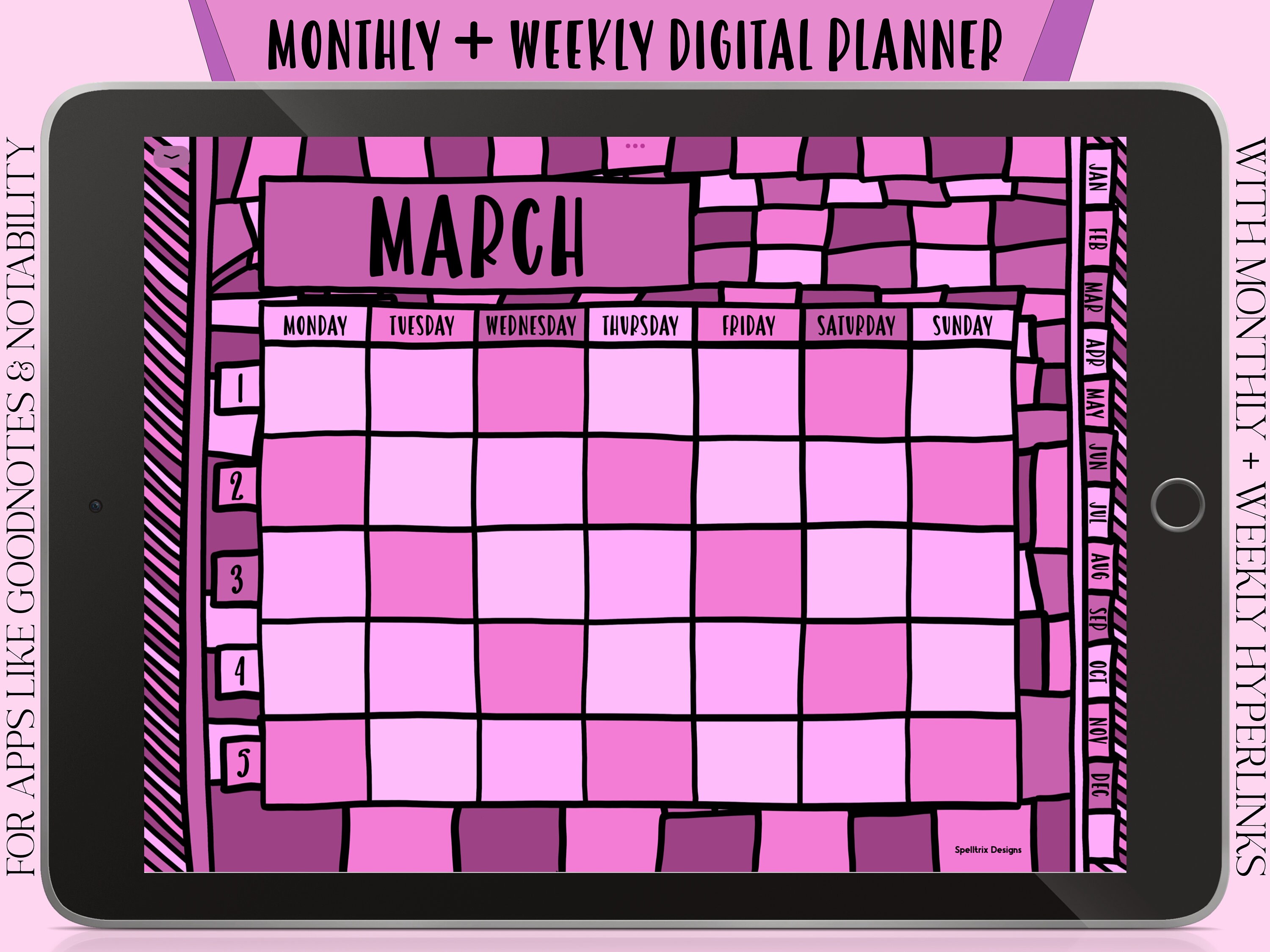 Pink Digital Planner Weekly & Monthly Undated Hand Drawn Minimalist ...