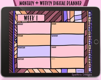 Study Digital Planner Weekly & Monthly Undated Hand Drawn Purple ...