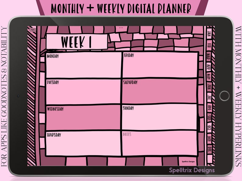 Coral Digital Planner Weekly & Monthly Undated Hand Drawn Pink Red ...