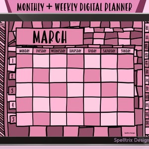 Coral Digital Planner Weekly & Monthly Undated Hand Drawn Pink Red ...