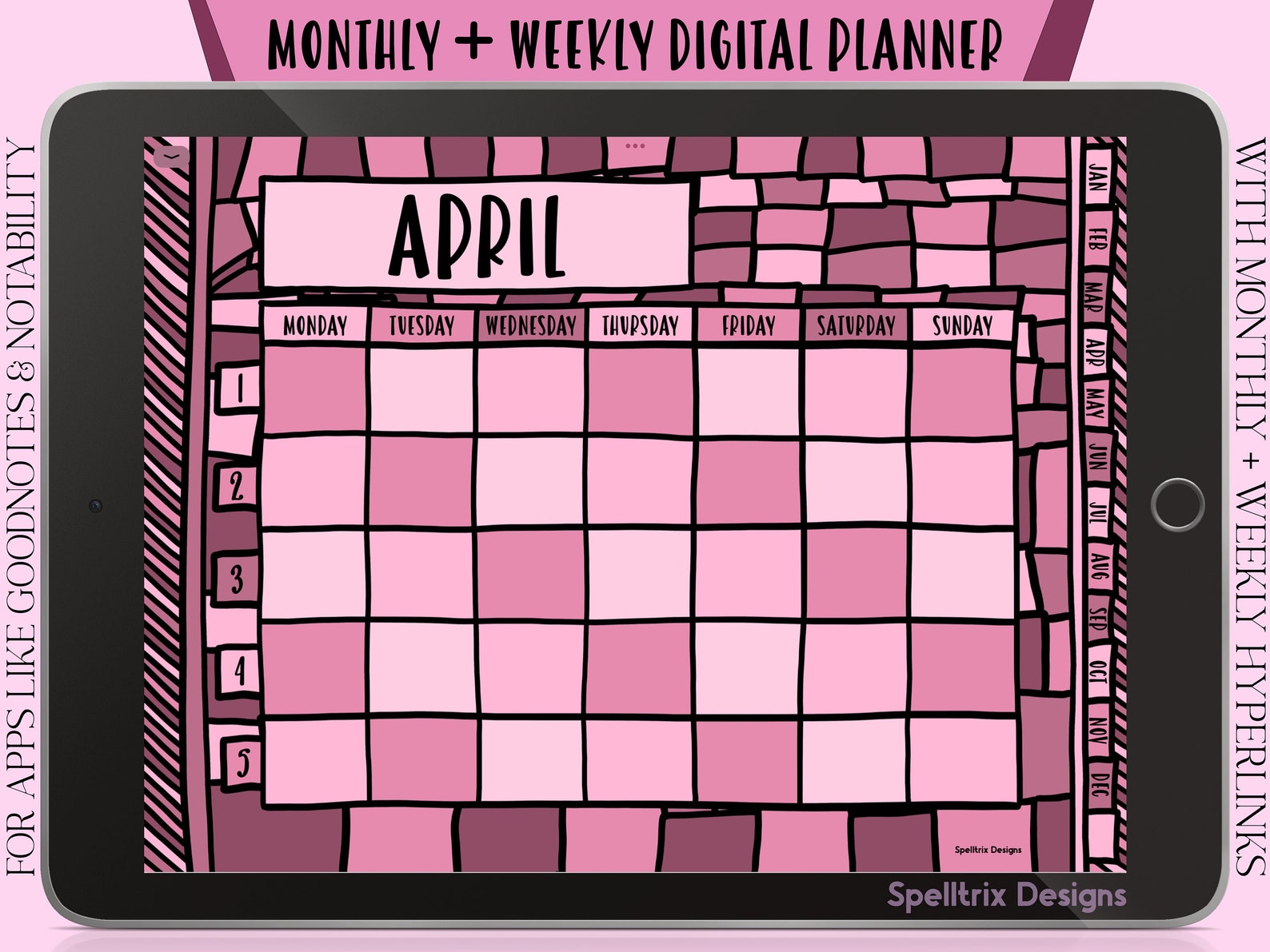 Coral Digital Planner Weekly & Monthly Undated Hand Drawn Pink Red ...