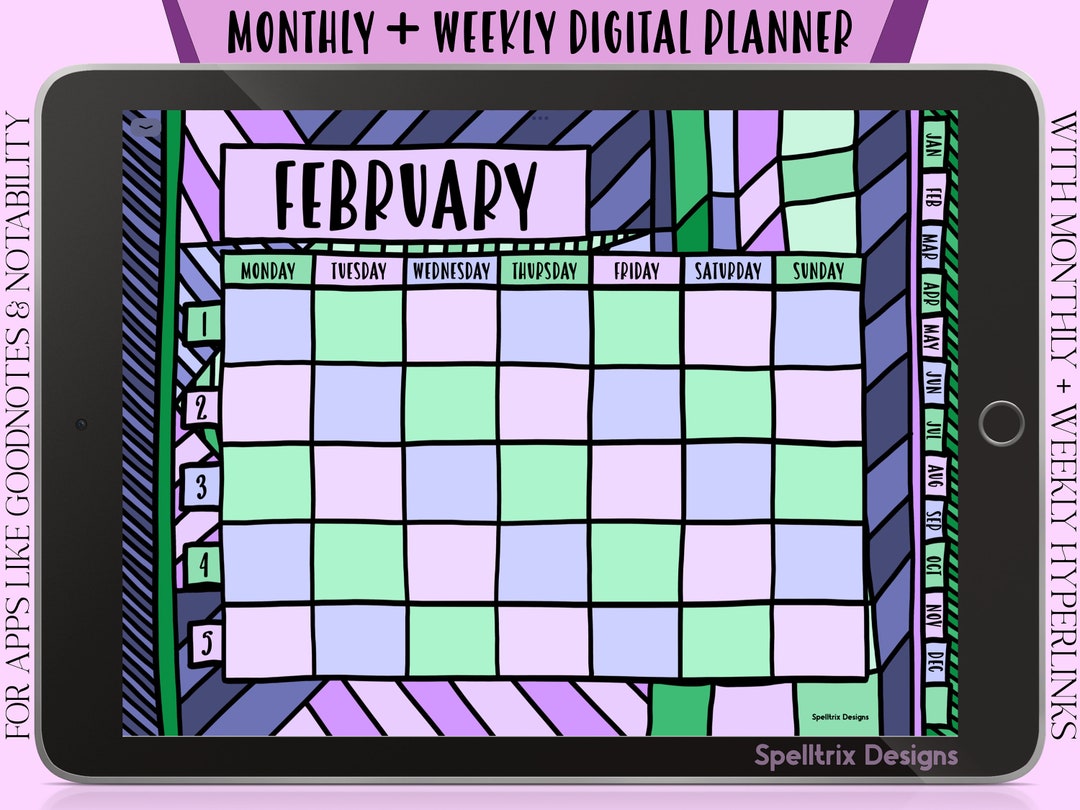 Study Digital Planner Weekly & Monthly Undated Hand Drawn Purple ...