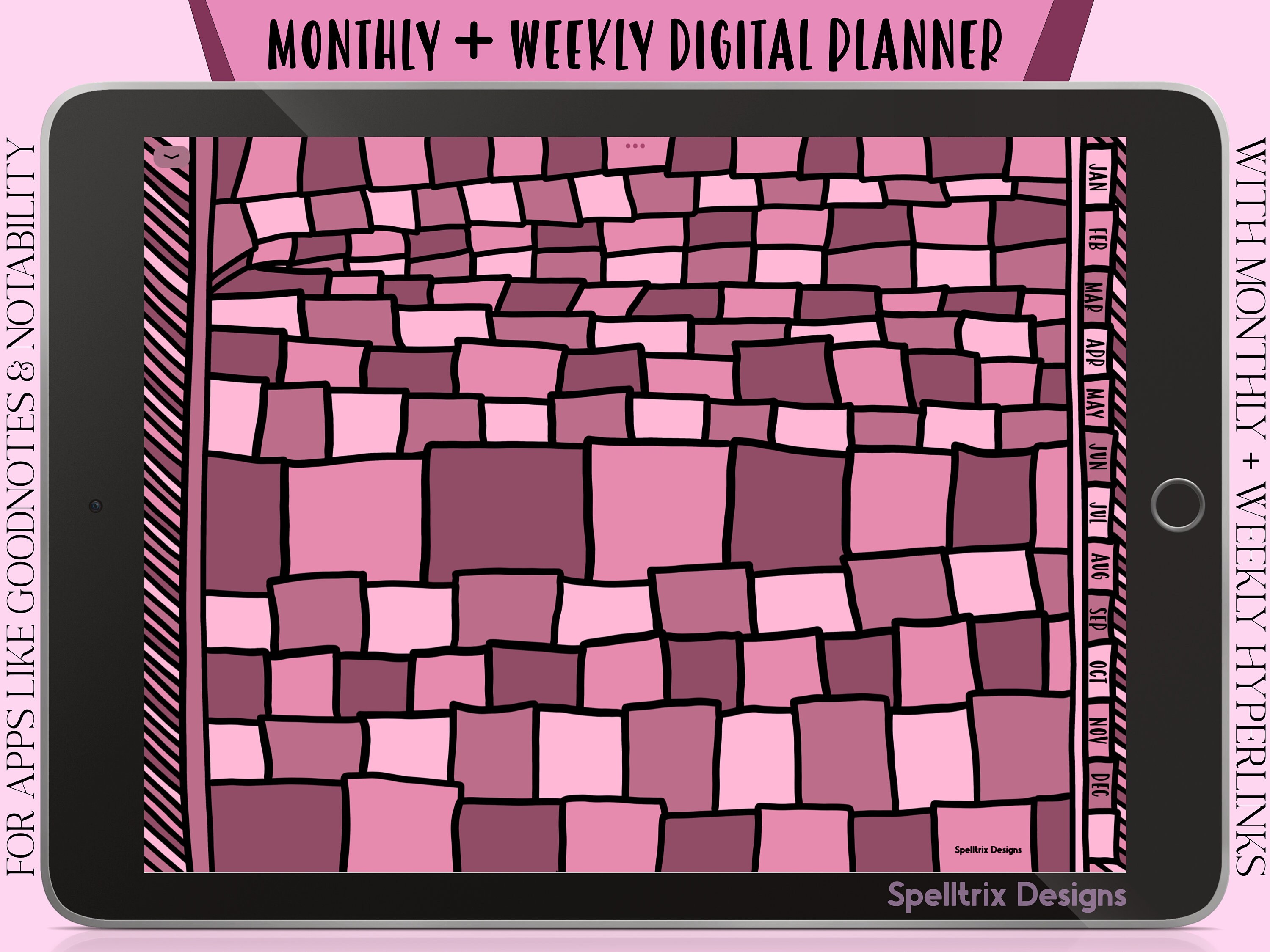 Coral Digital Planner Weekly & Monthly Undated Hand Drawn Pink Red ...