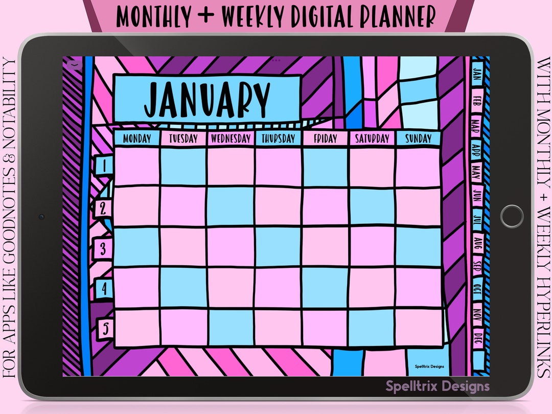 Electric Digital Planner Weekly Monthly Undated Hand Drawn Minimalist ...