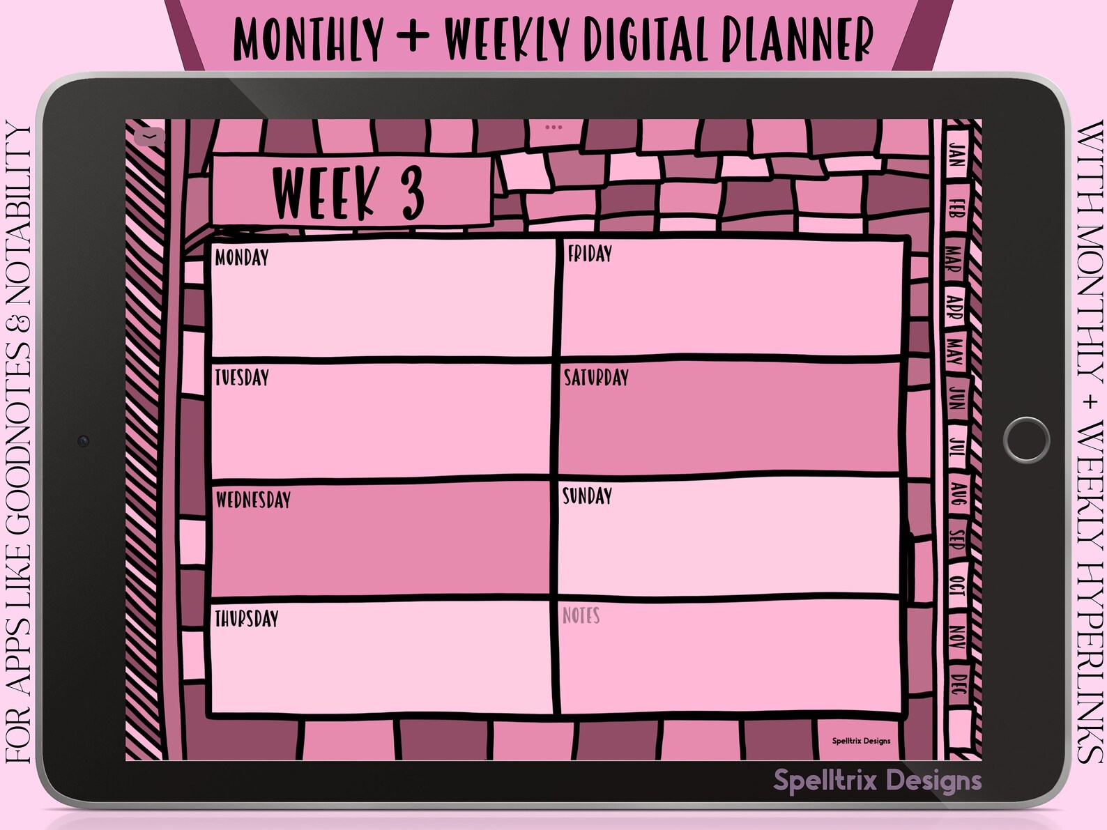 Coral Digital Planner Weekly & Monthly Undated Hand Drawn Pink Red ...