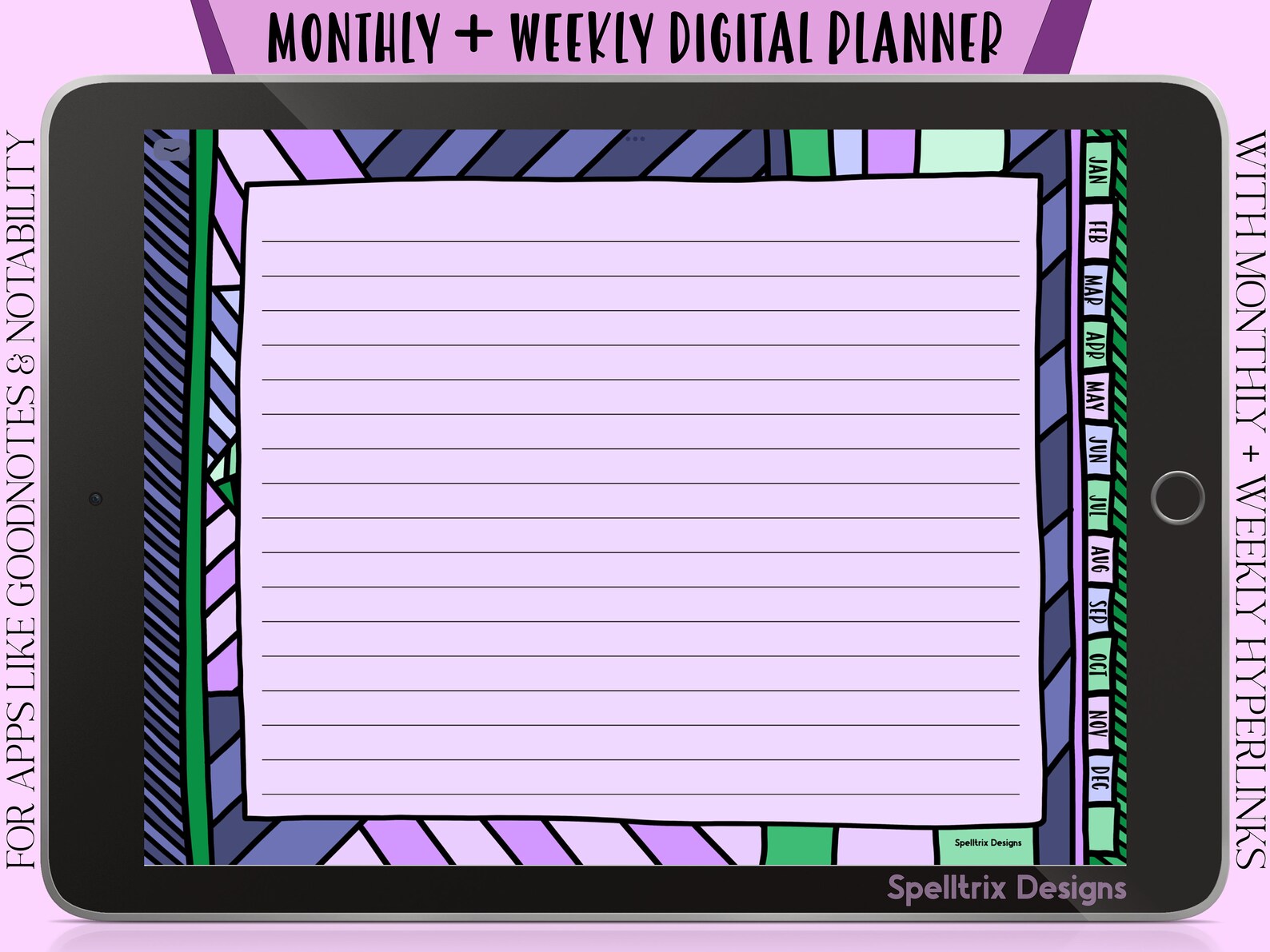 Study Digital Planner Weekly & Monthly Undated Hand Drawn Purple ...