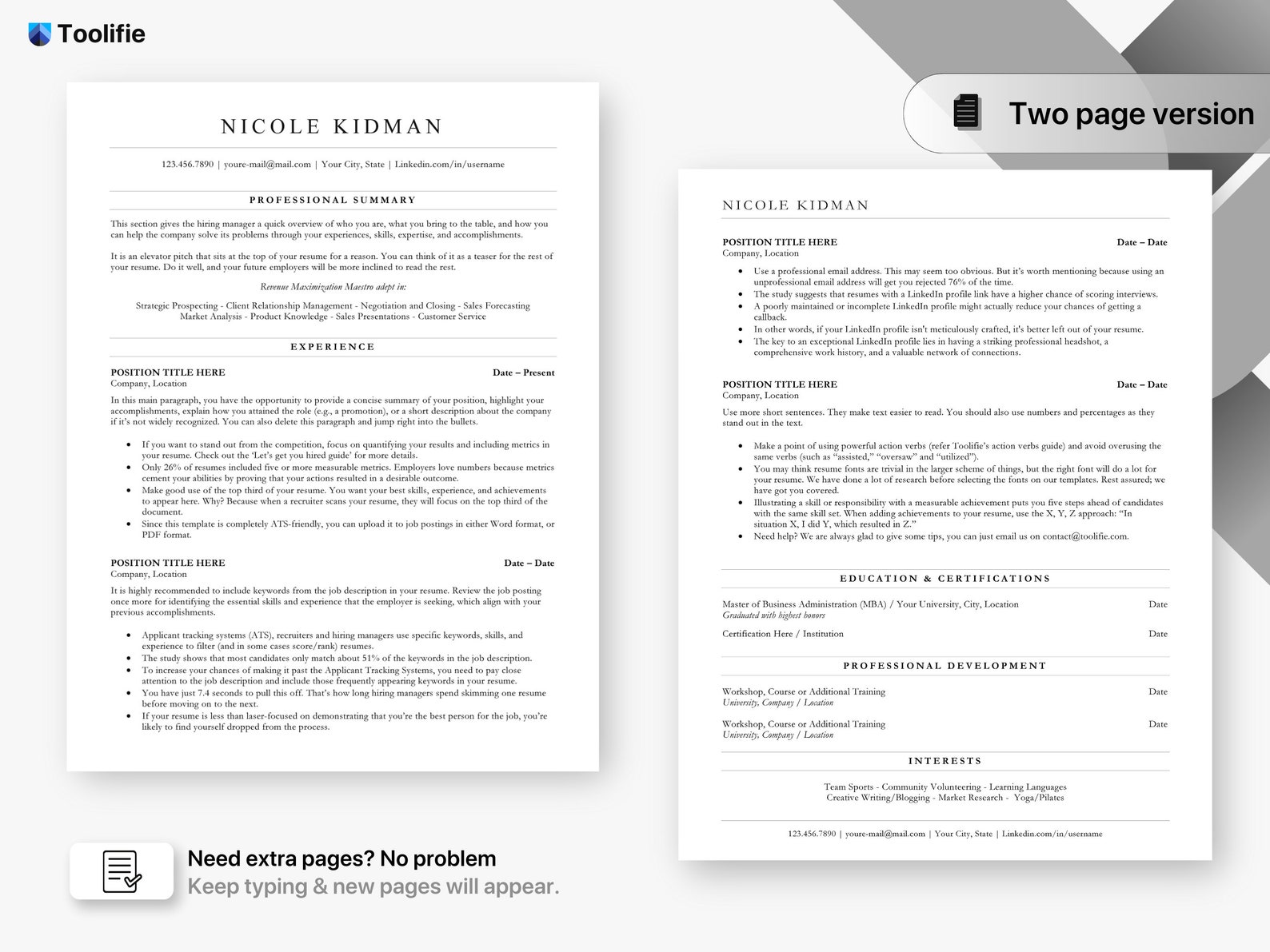 ATS Friendly Resume Template (marketing Professional) for Google Docs ...