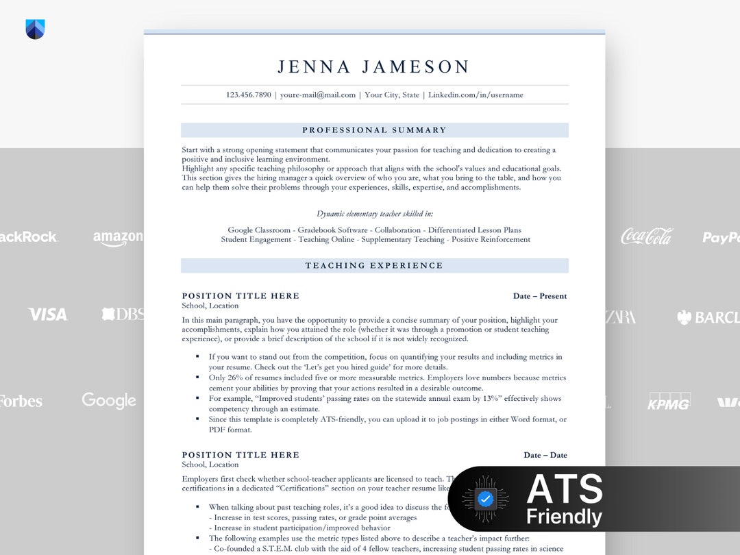 ATS Teacher Resume Template for Google Docs, Word & Pages | Substitute ...