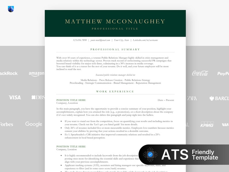 ATS Friendly Resume Template for Google Docs, Word and Pages Resume ...