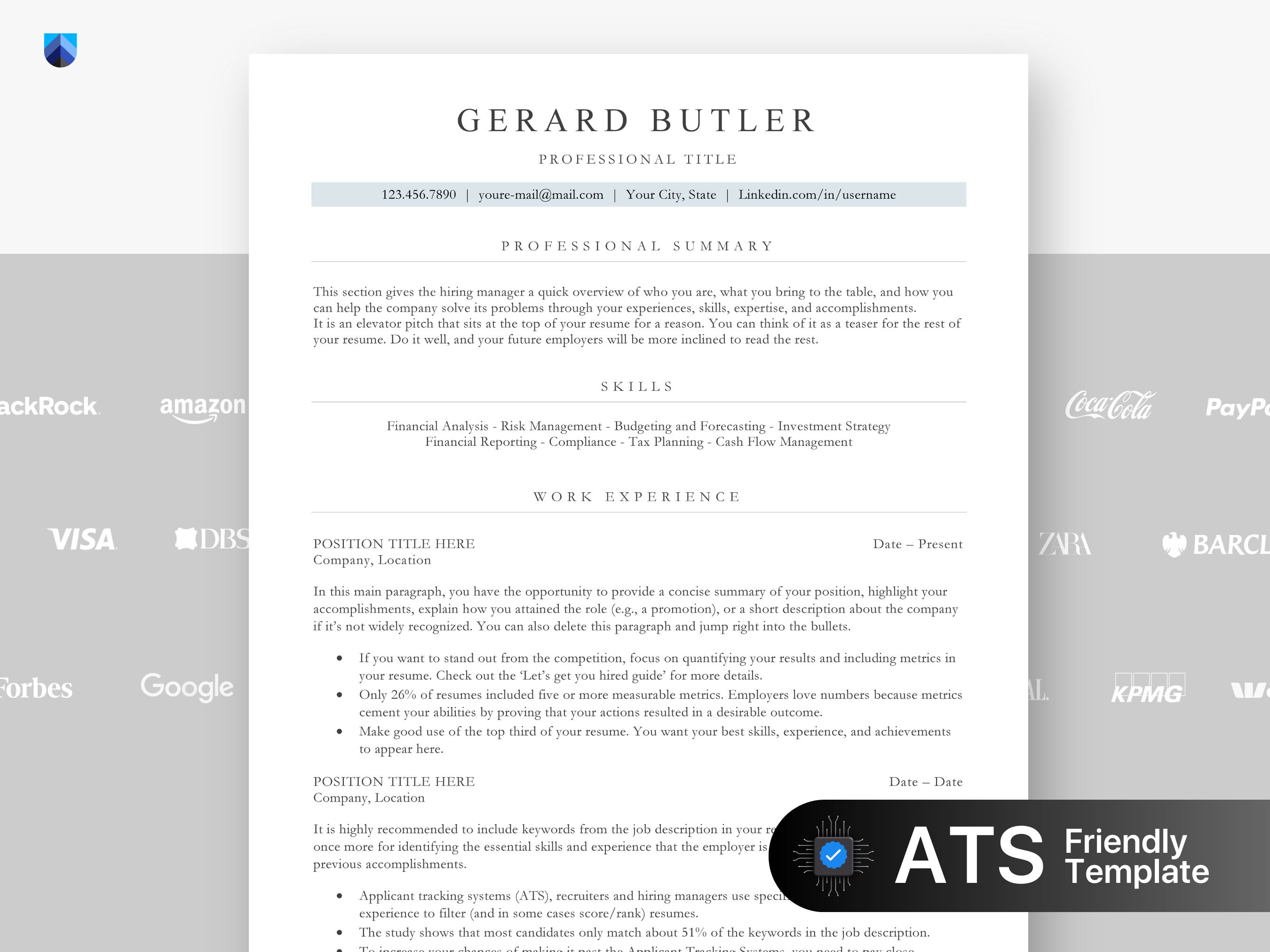 ATS Friendly Resume Template for Google Docs, Word and Pages Resume ...