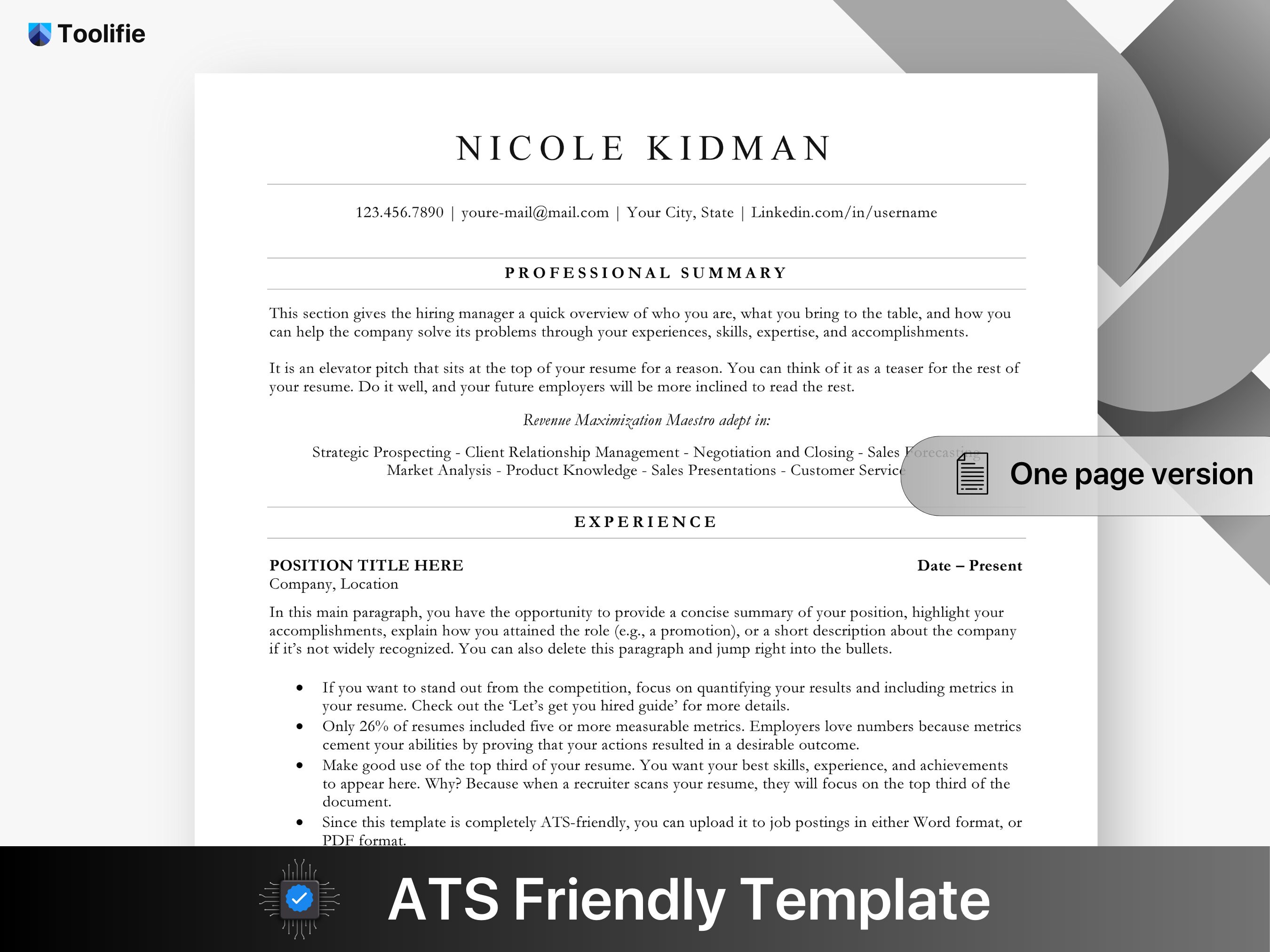 ATS Friendly Resume Template (marketing Professional) for Google Docs ...