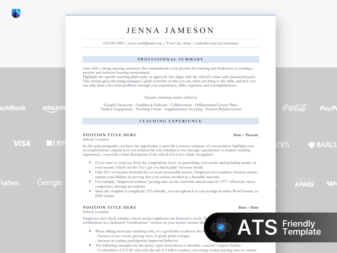 ATS Friendly Resume Template for Google Docs, Word and Pages Resume ...