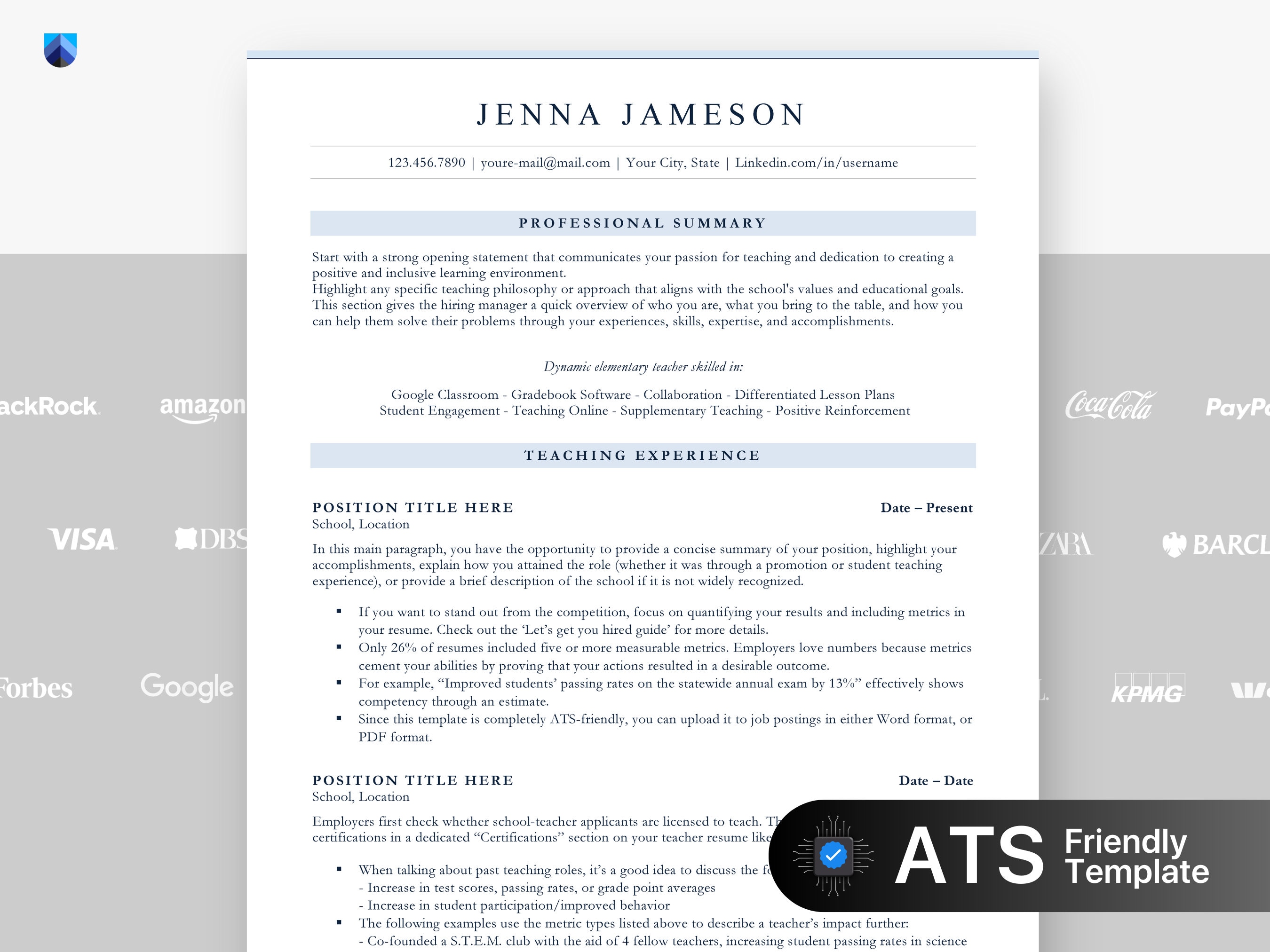 ATS Friendly Resume Template for Google Docs, Word and Pages Resume ...