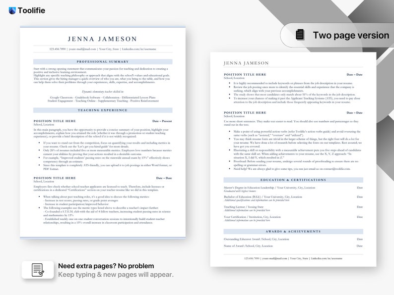 ATS Teacher Resume Template for Google Docs, Word & Pages | Substitute ...
