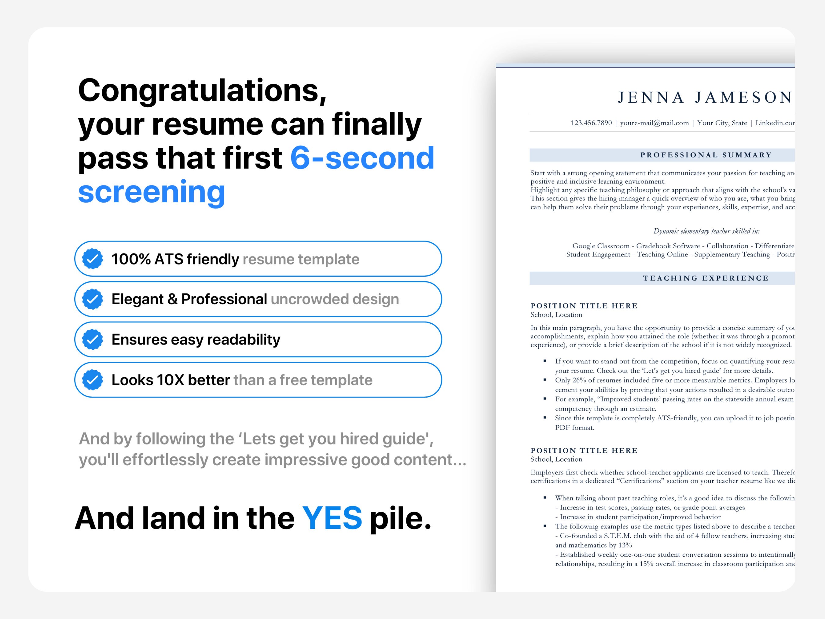 ATS Teacher Resume Template for Google Docs, Word & Pages | Substitute ...