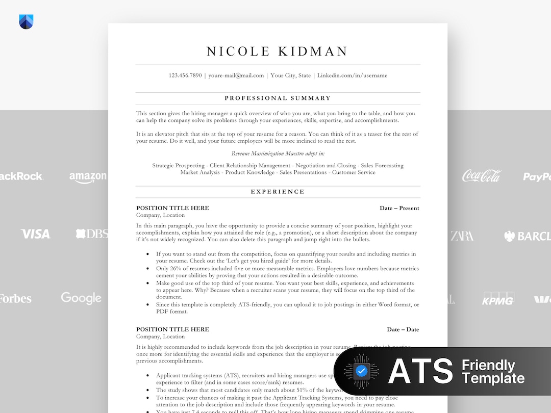 ATS Friendly Resume Template (marketing Professional) for Google Docs ...