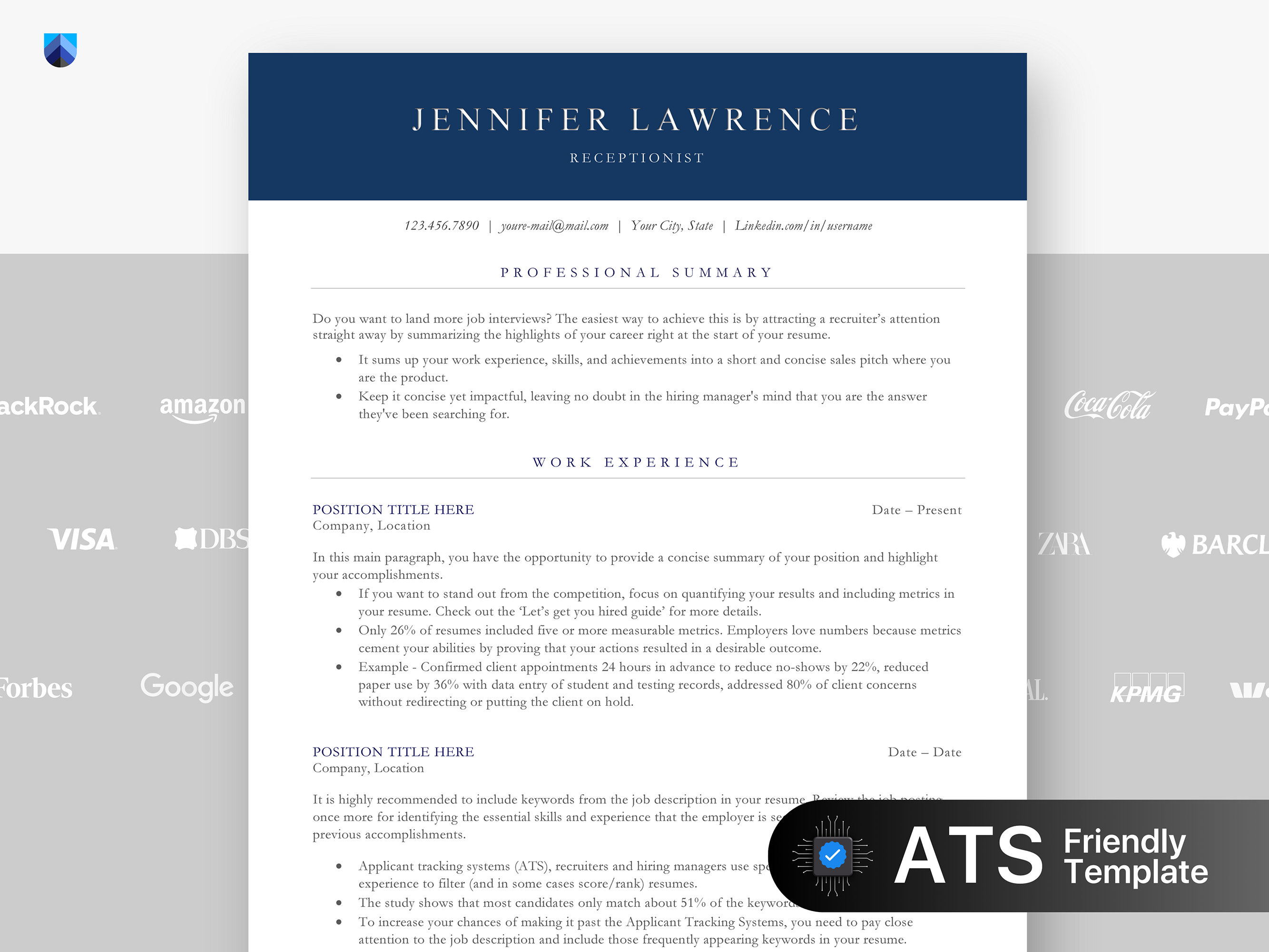 ATS Friendly Resume Template for Google Docs, Word and Pages Resume ...