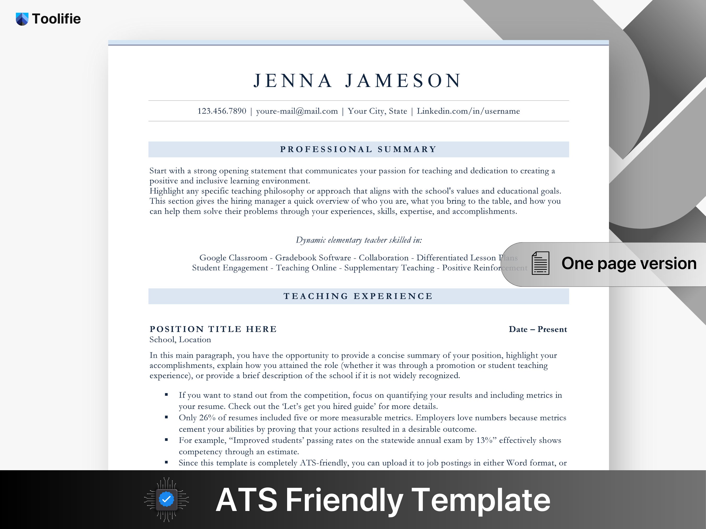 ATS Teacher Resume Template for Google Docs, Word & Pages | Substitute ...